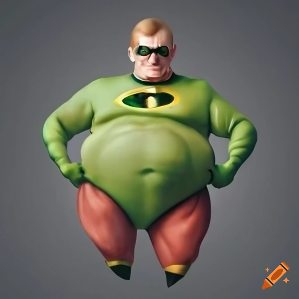 Hyper realistic art featuring a fat Mr Incredible in a green supersuit ...