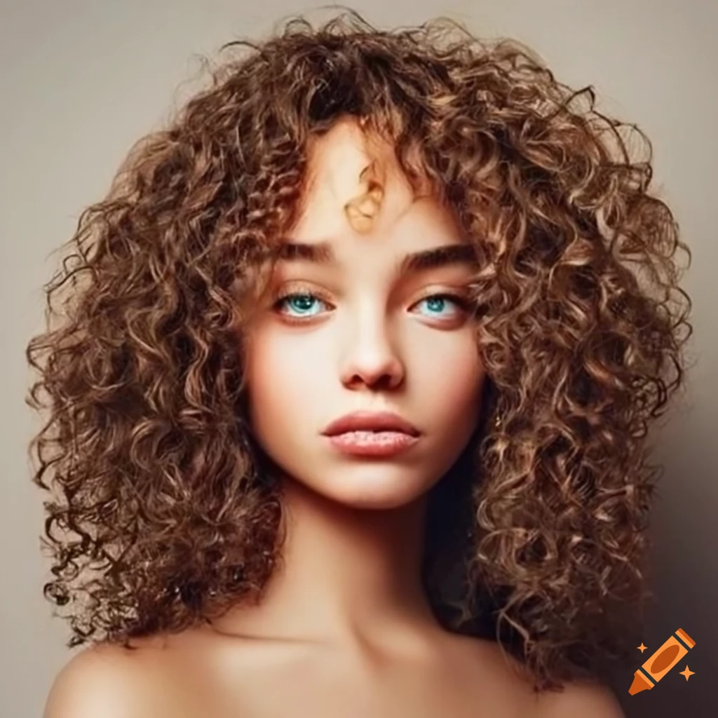 Young woman with brown curly hair and green eyes on Craiyon