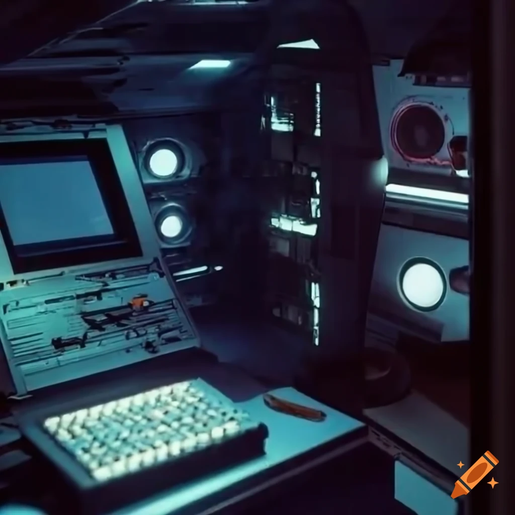 1970's sci-fi spaceship bridge with detailed computers and control ...