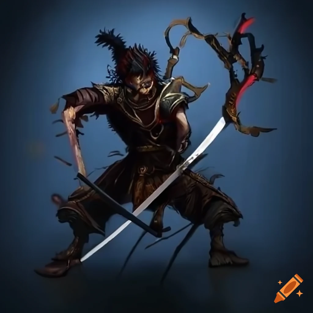 Animated warrior demonstrating intricate sword techniques on Craiyon