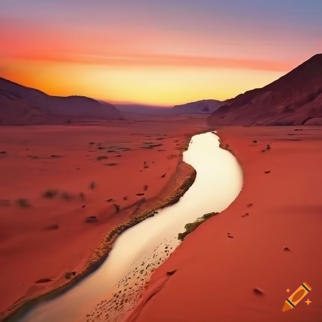 River flowing through a red desert at evening time in high resolution ...