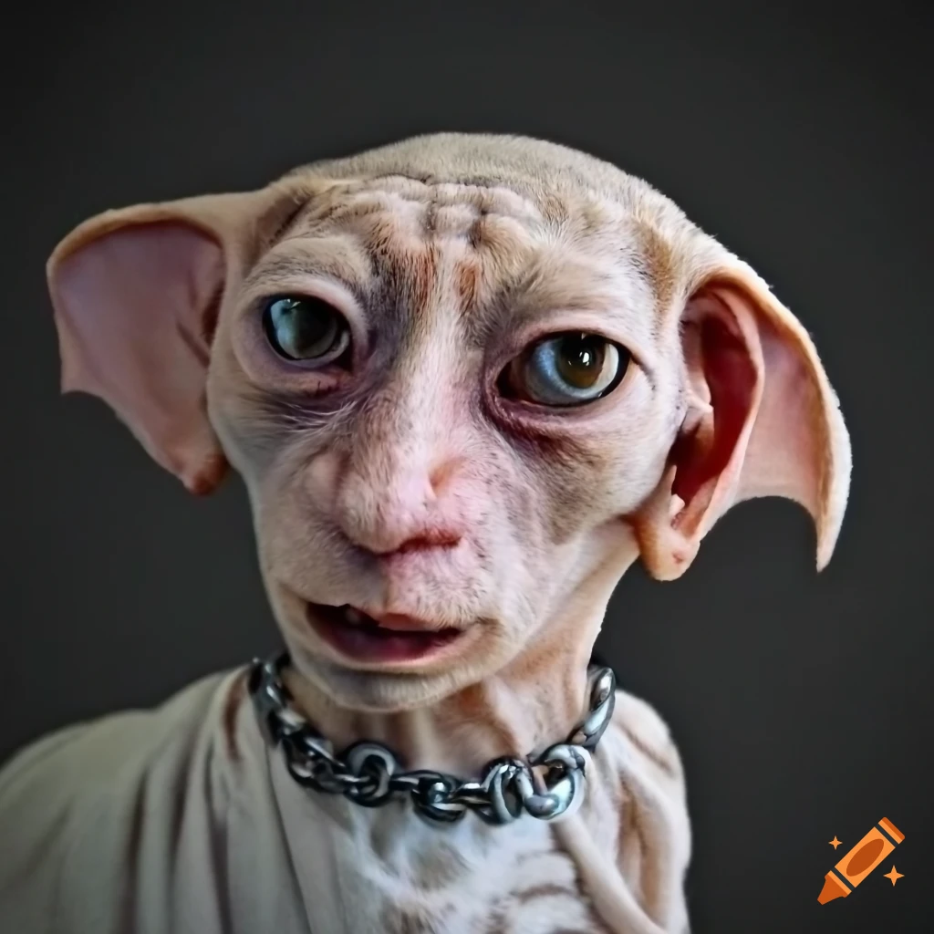 Chained andalucian cadence dog with dobby from harry potter in a cartoon style on Craiyon