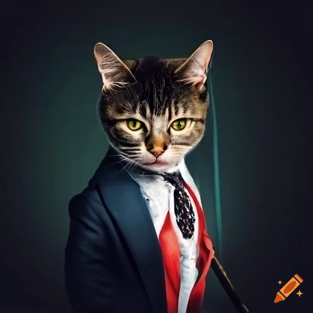 Stylish gentleman cat in a suit with a cane on Craiyon