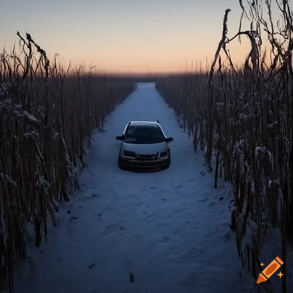 Car stranded between a frozen cornfield and forest on a cold snowy morning on Craiyon