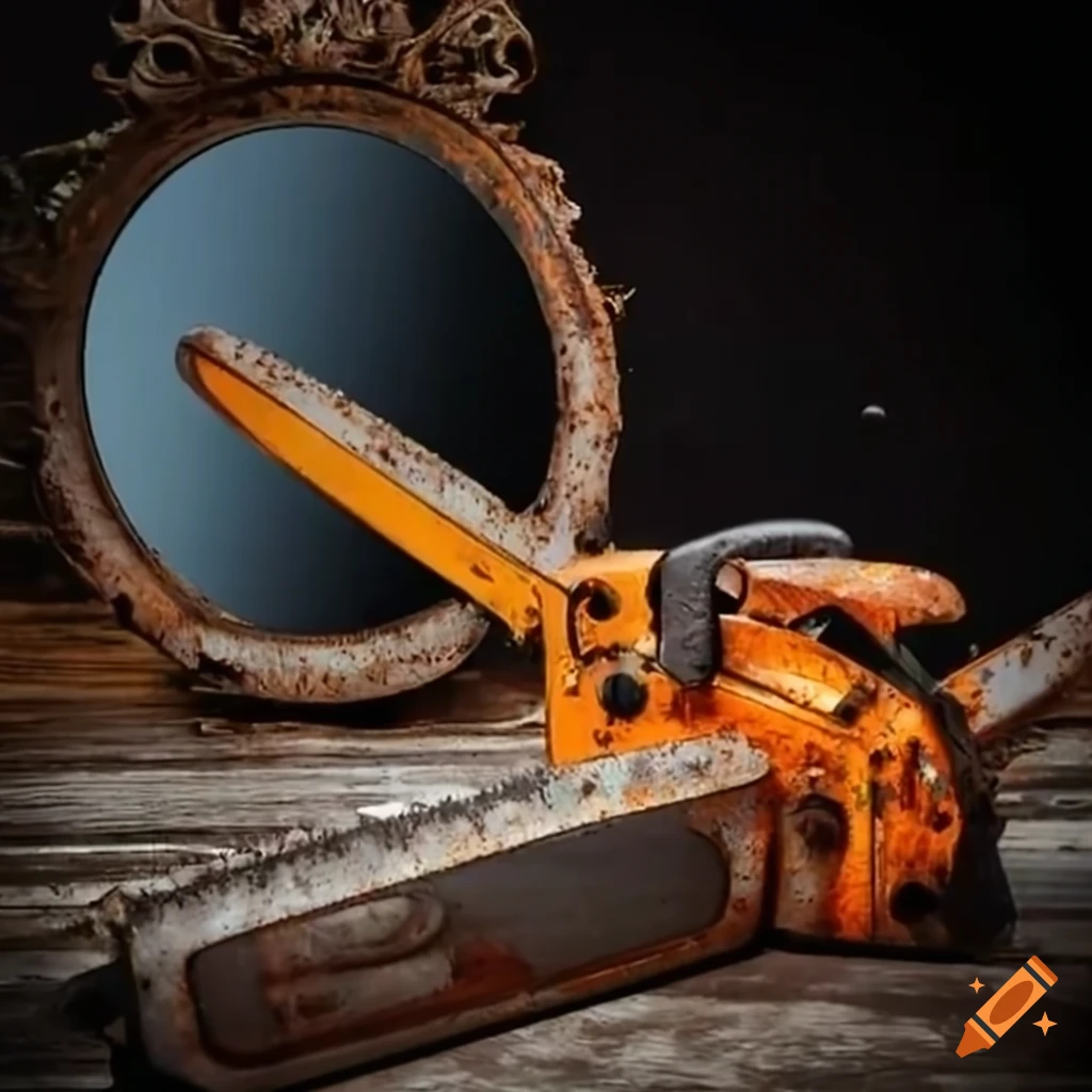 Rusty chainsaw next to antique mirror with reflection on Craiyon