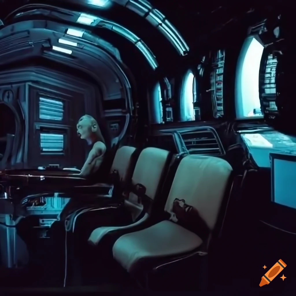 1980's sci-fi spaceship bridge with detailed computers and control panels on Craiyon