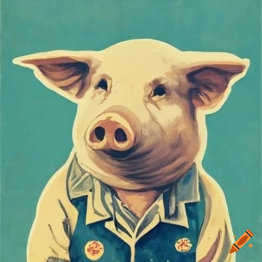 Vintage Soviet-style poster with a scientific scene featuring a pig on ...