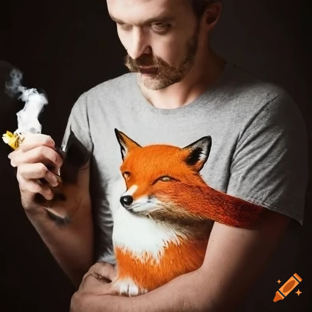 Man smoking a cigarette with fox print t-shirt on Craiyon