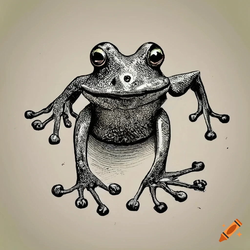 Pen and ink illustration of a frog on Craiyon