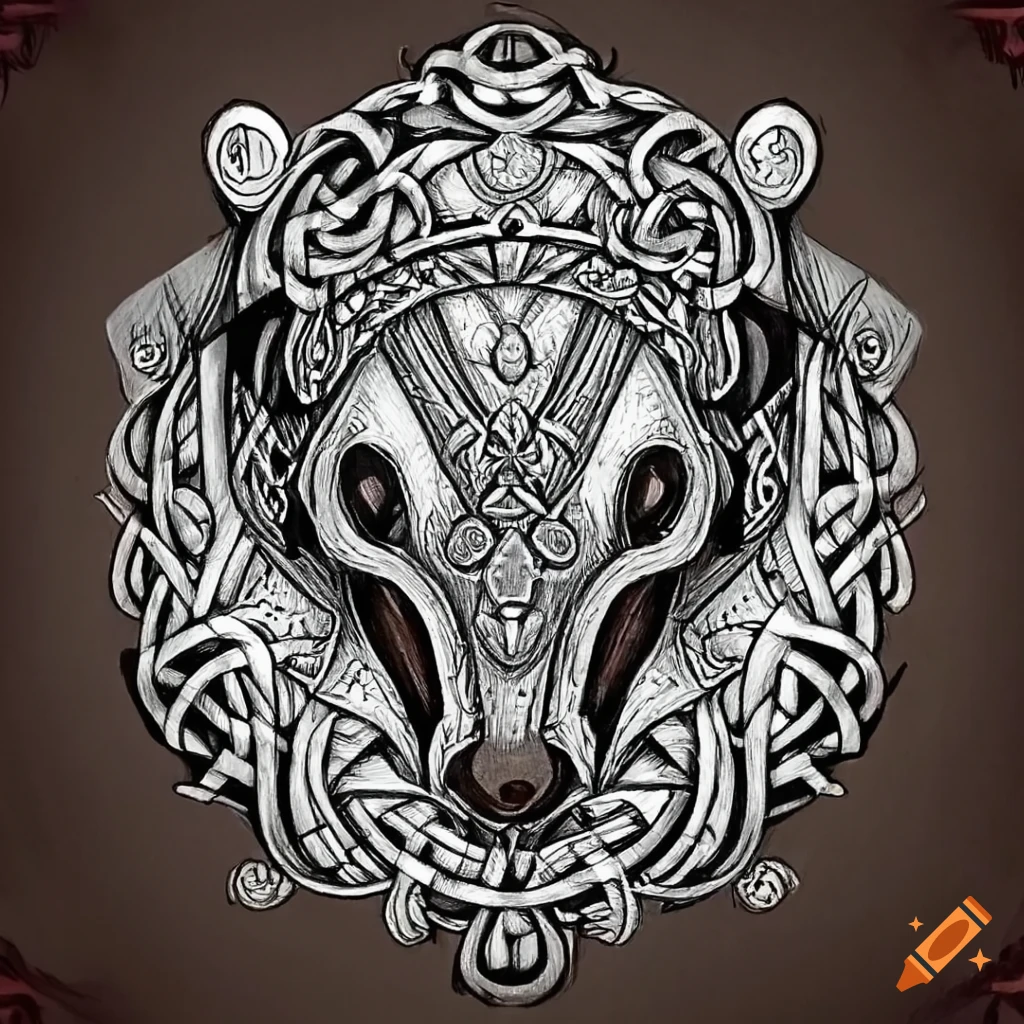 Intricate badger emblem with Viking tribal patterns in a pencil drawing ...