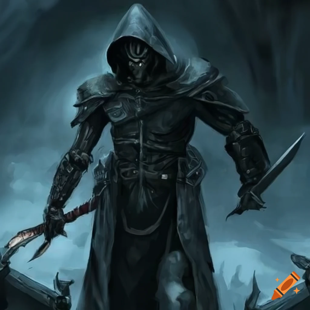 Half-machine warrior with a lethal blade in a dark cloak on Craiyon