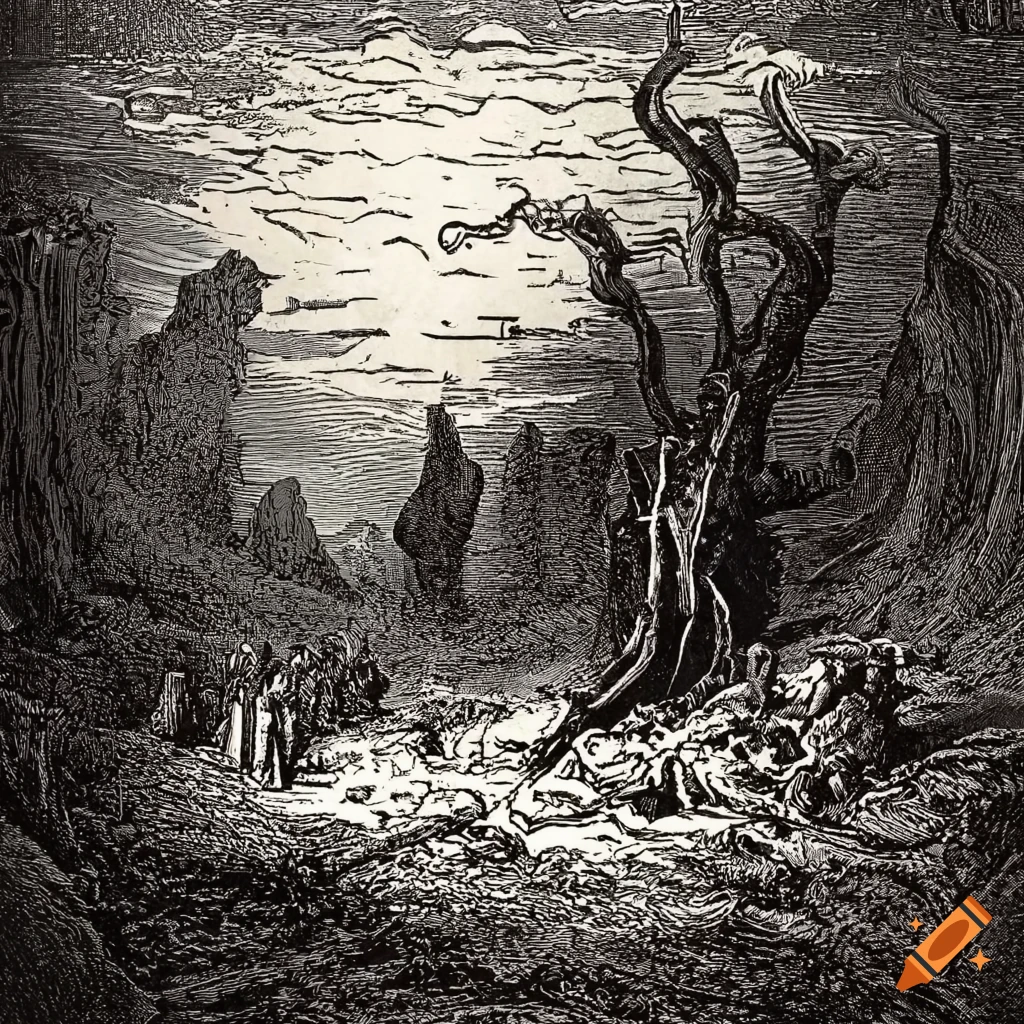 Engraving in the style of Gustave Doré showing a desert with chopped ...
