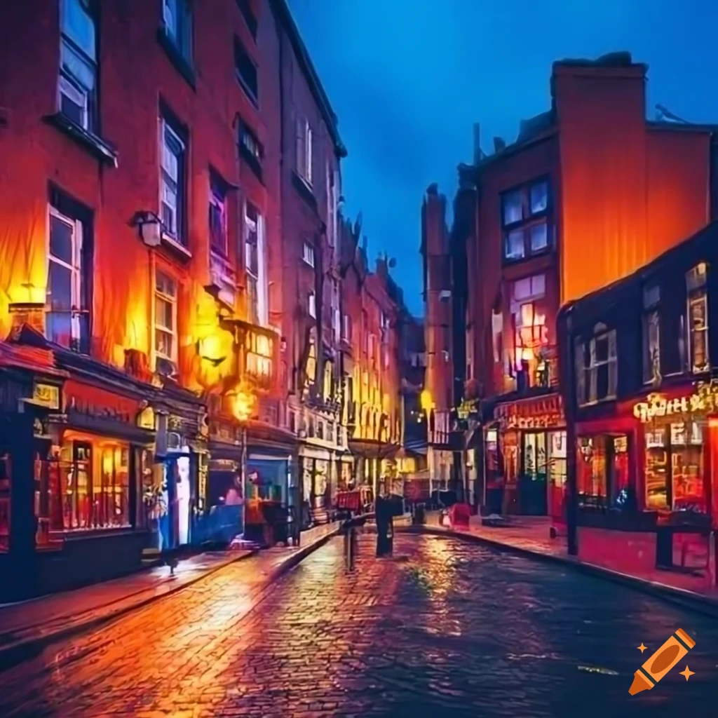 Colorful night scene of lively Dublin streets with cozy pubs and locals ...