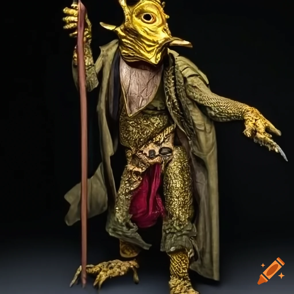 Lizardfolk wizard wearing a golden mask on Craiyon