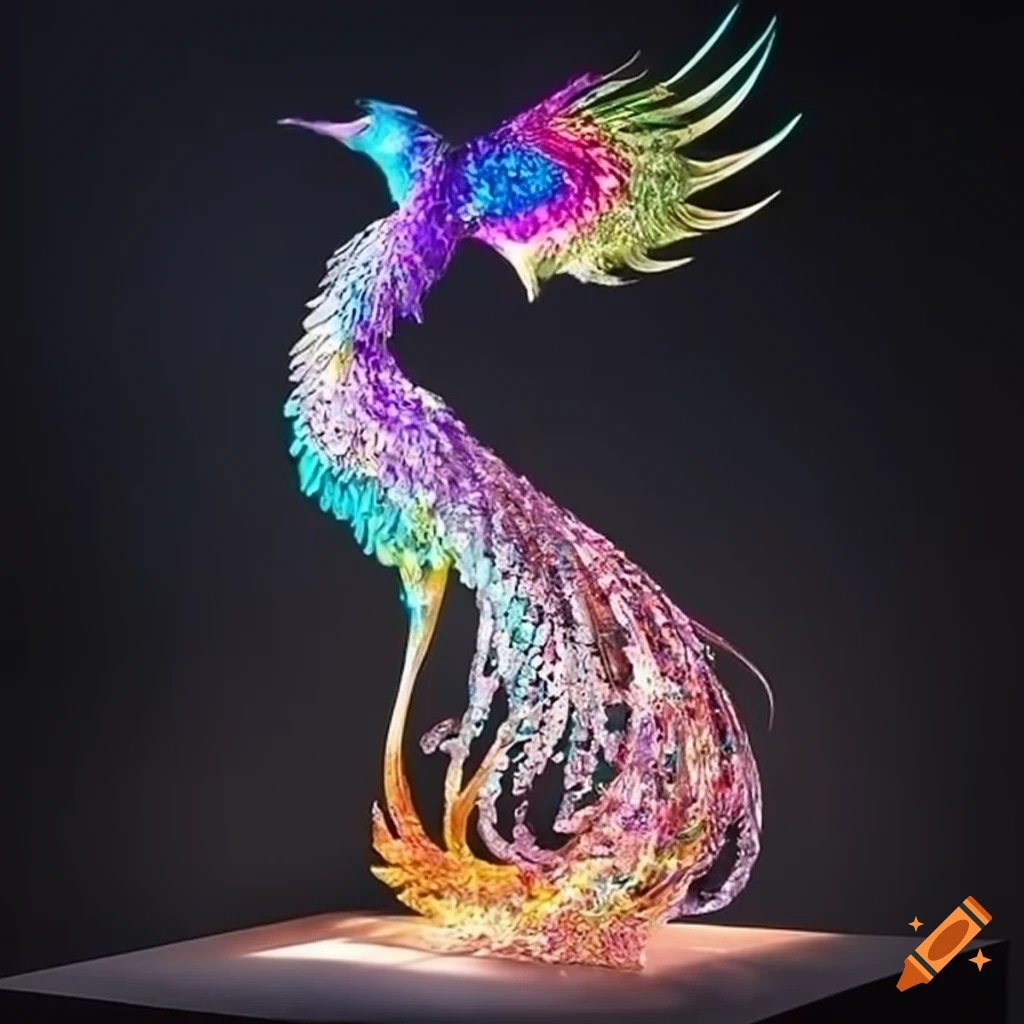 Colorful phoenix sculpture made of sparkling crystals on Craiyon