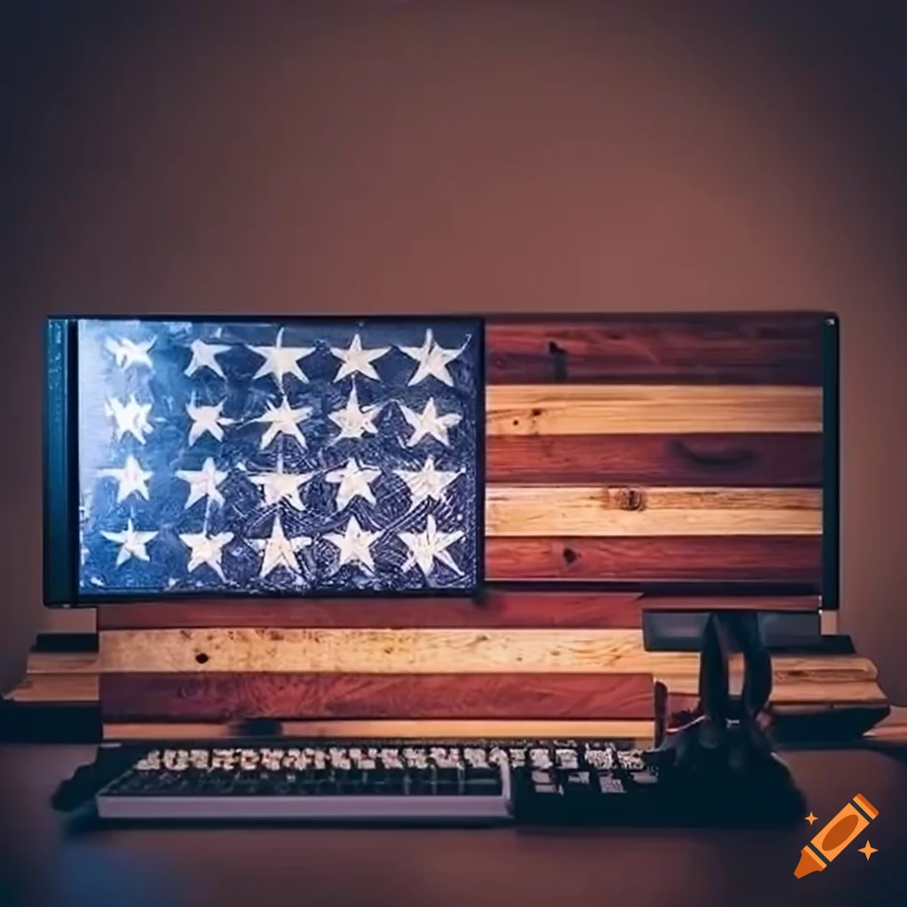 Wooden american flag on a modern computer setup on Craiyon