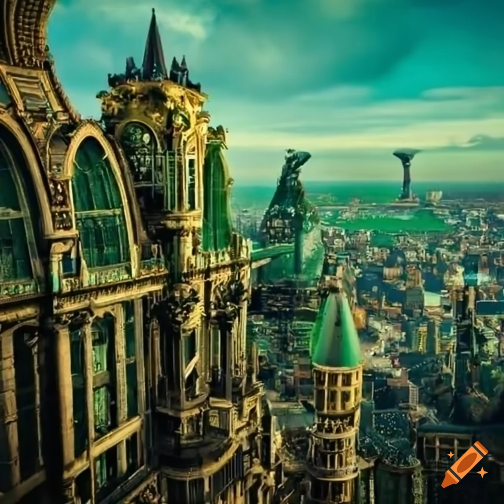 Detailed steampunk city view with intricate architecture in green and ...