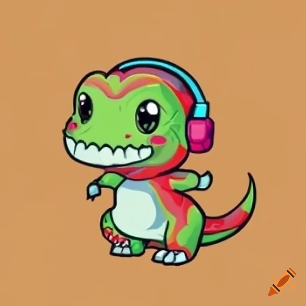 Cute chibi t-rex wearing headphones on Craiyon