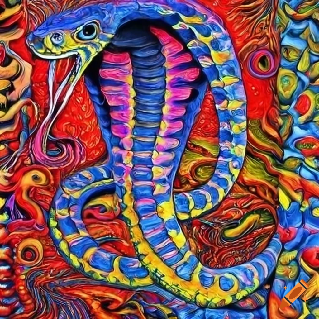 Psychedelic painting of a cobra with intricate details and bright ...