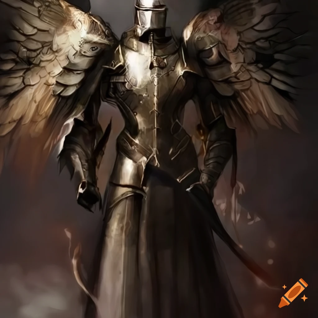 Fallen angel in armor holding damaged wings on Craiyon