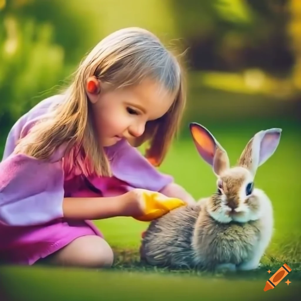 Children feeding and playing with fluffy rabbit in a garden on Craiyon