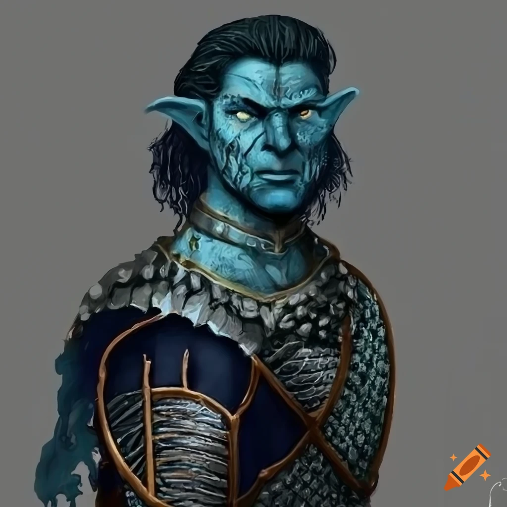 Dnd male triton with lichtenberg scar in scale-mail armor on Craiyon