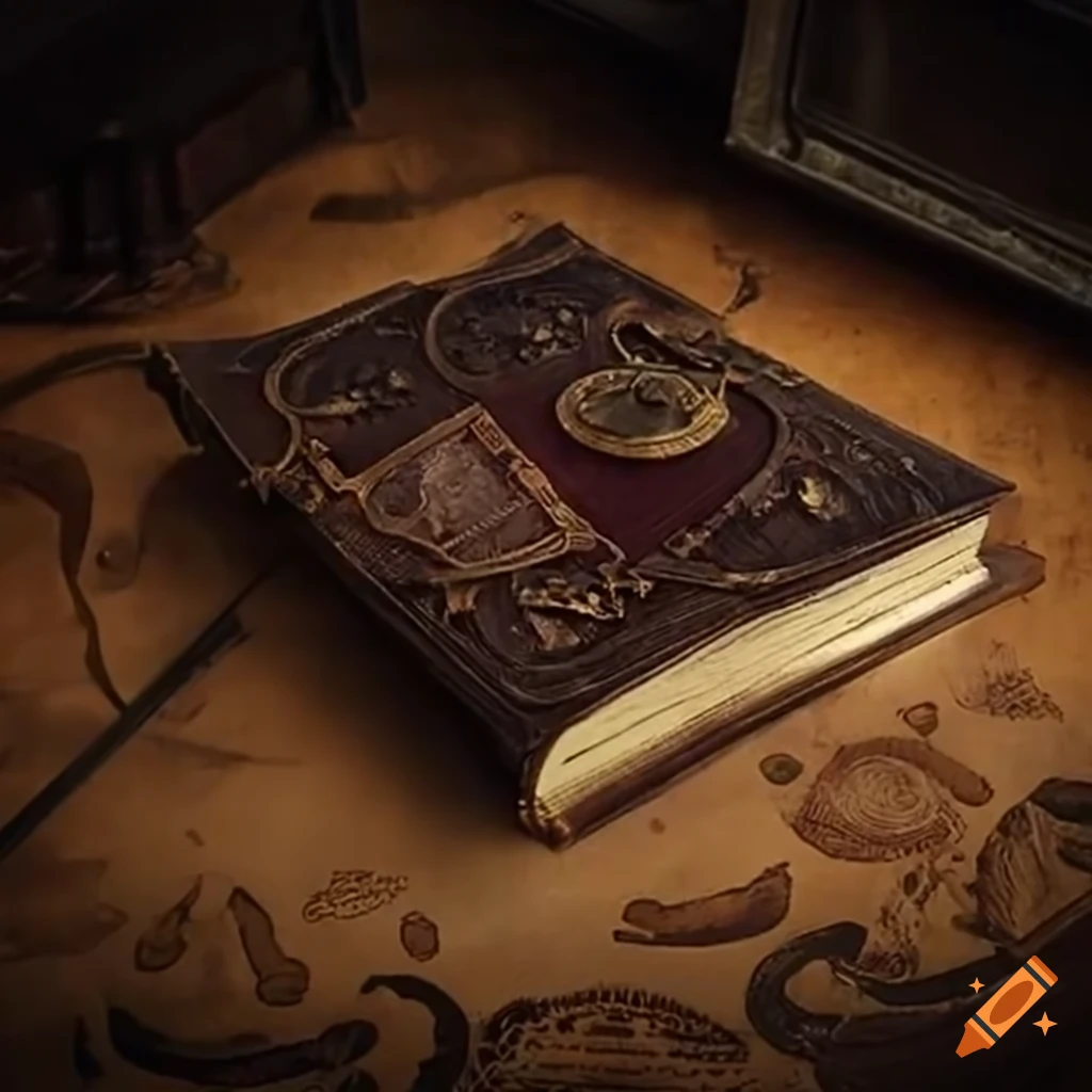 Ancient spellbook open on an antique table similar to a necronomicon on ...
