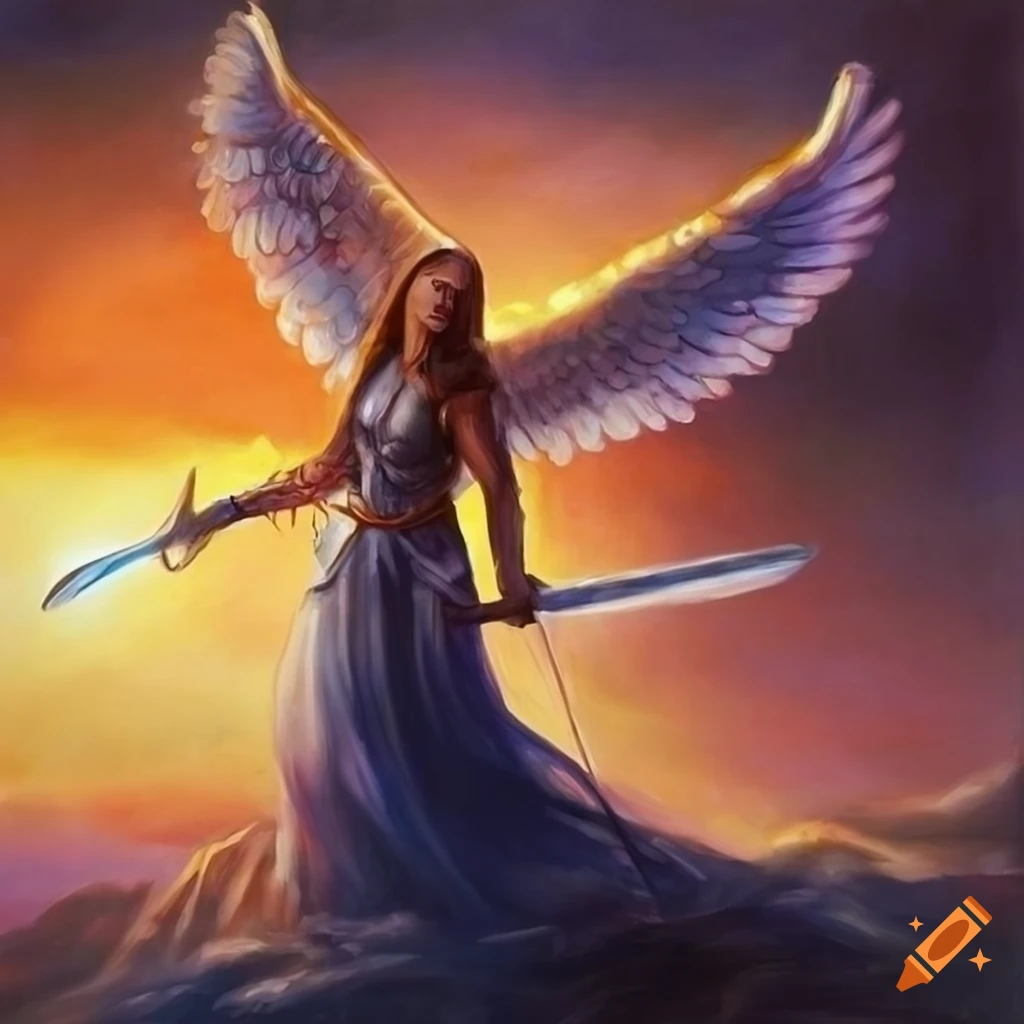 Fantasy art of an archangel with shining sword flying across a sunset ...