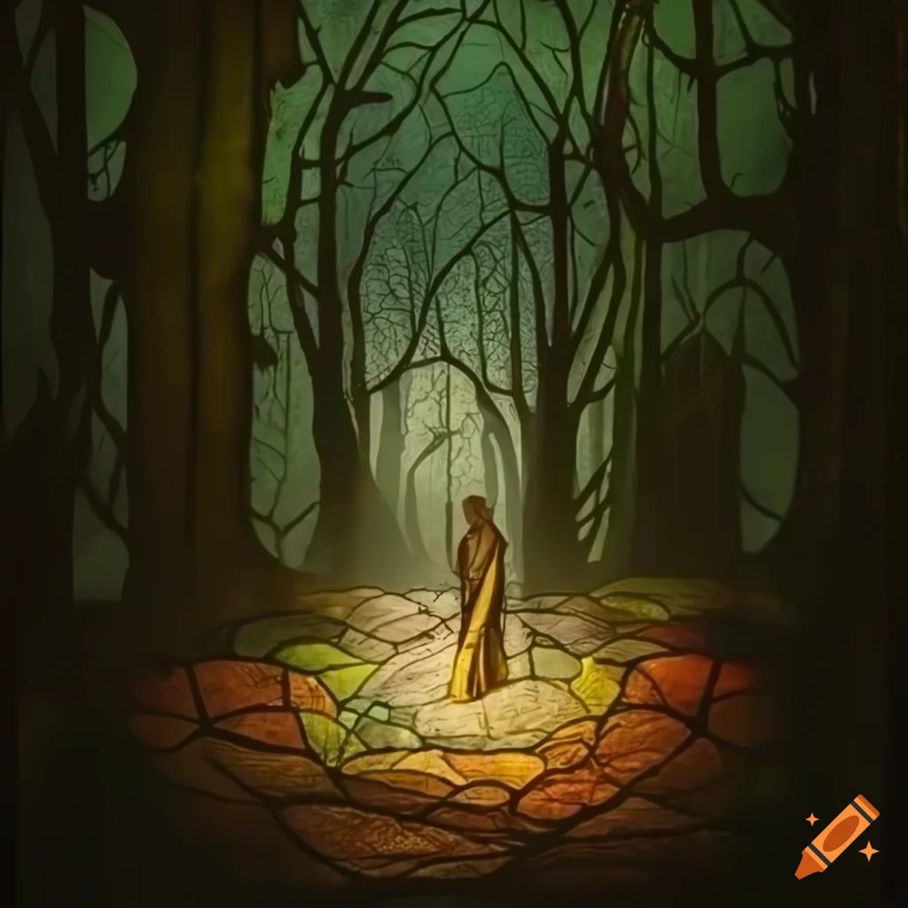 Stained glass window of a woman in a dark forest by a swamp on Craiyon