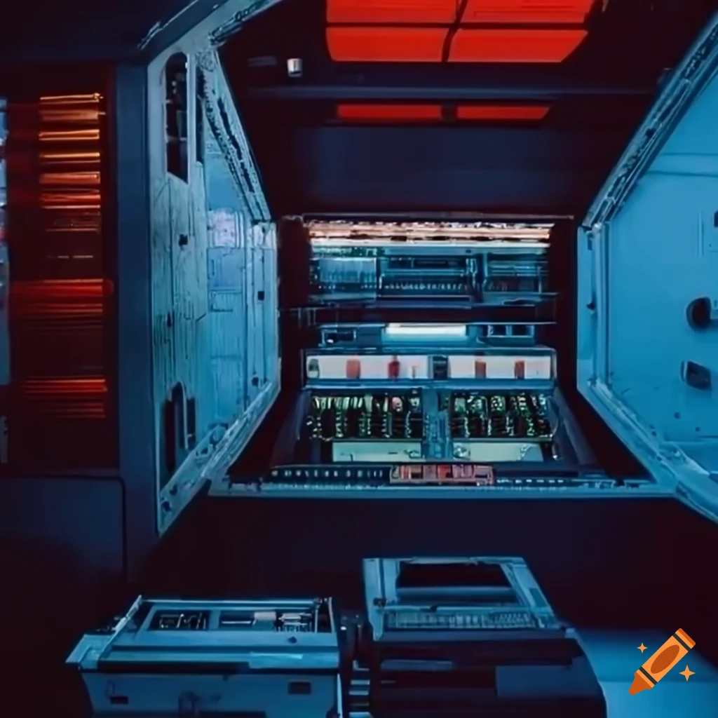 1970's sci-fi spaceship bridge with detailed computers and control ...