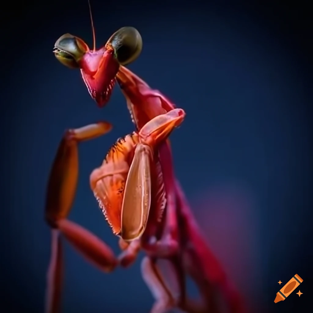 Red praying mantis with sharp purple tips on its claws on Craiyon