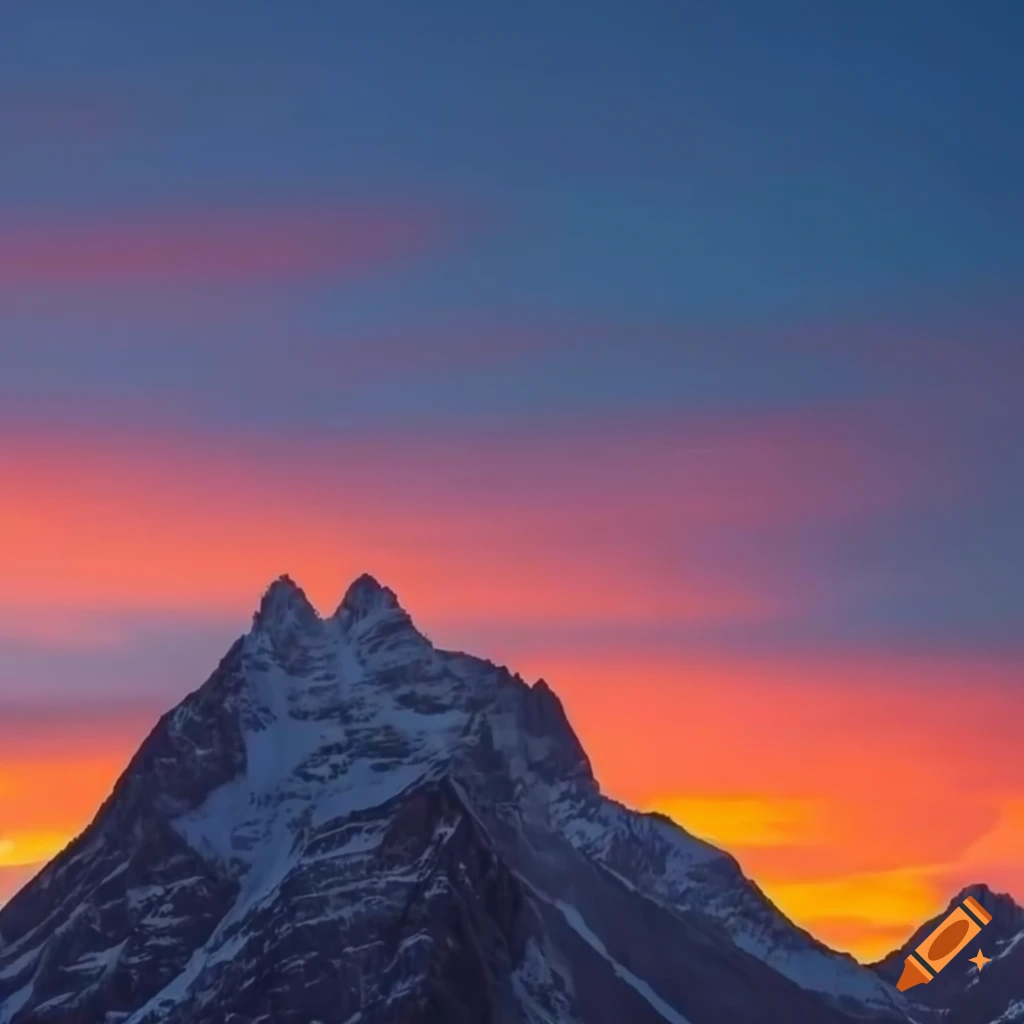 Breathtaking sunset over primeval mountain peaks in orange and pink ...