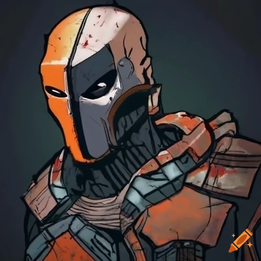 Close-up of battle-worn deathstroke mask on gritty surface on Craiyon