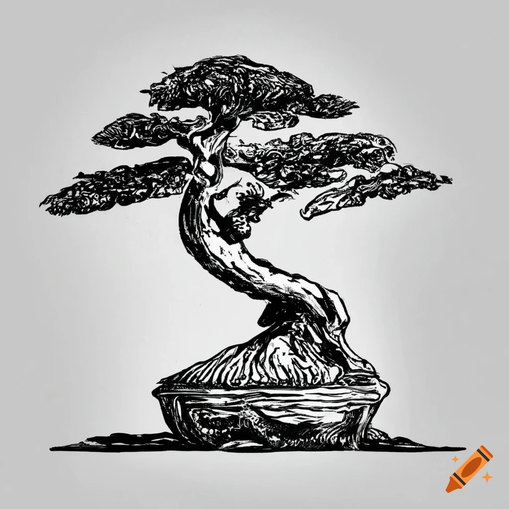 Pen and ink illustration of a bonsai tree on Craiyon