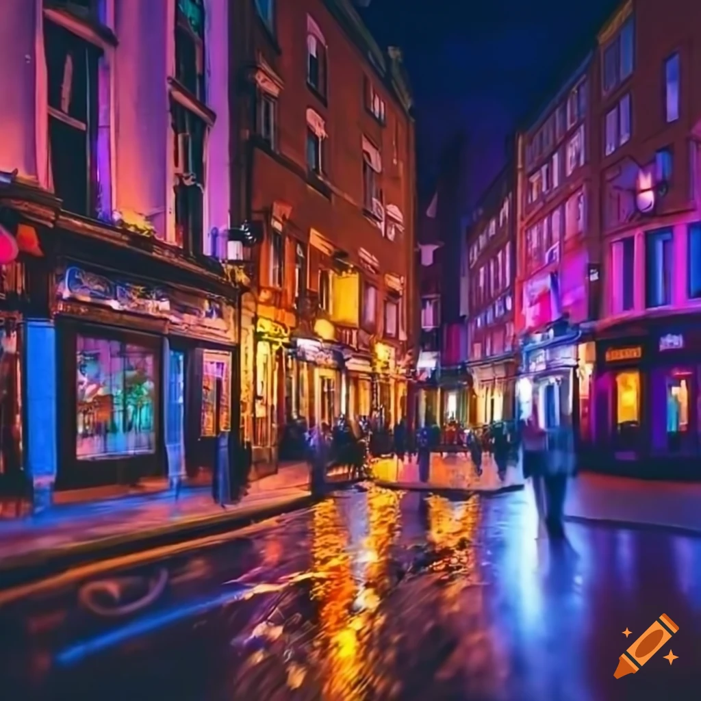 Colorful night scene of lively Dublin streets with cozy pubs and locals ...