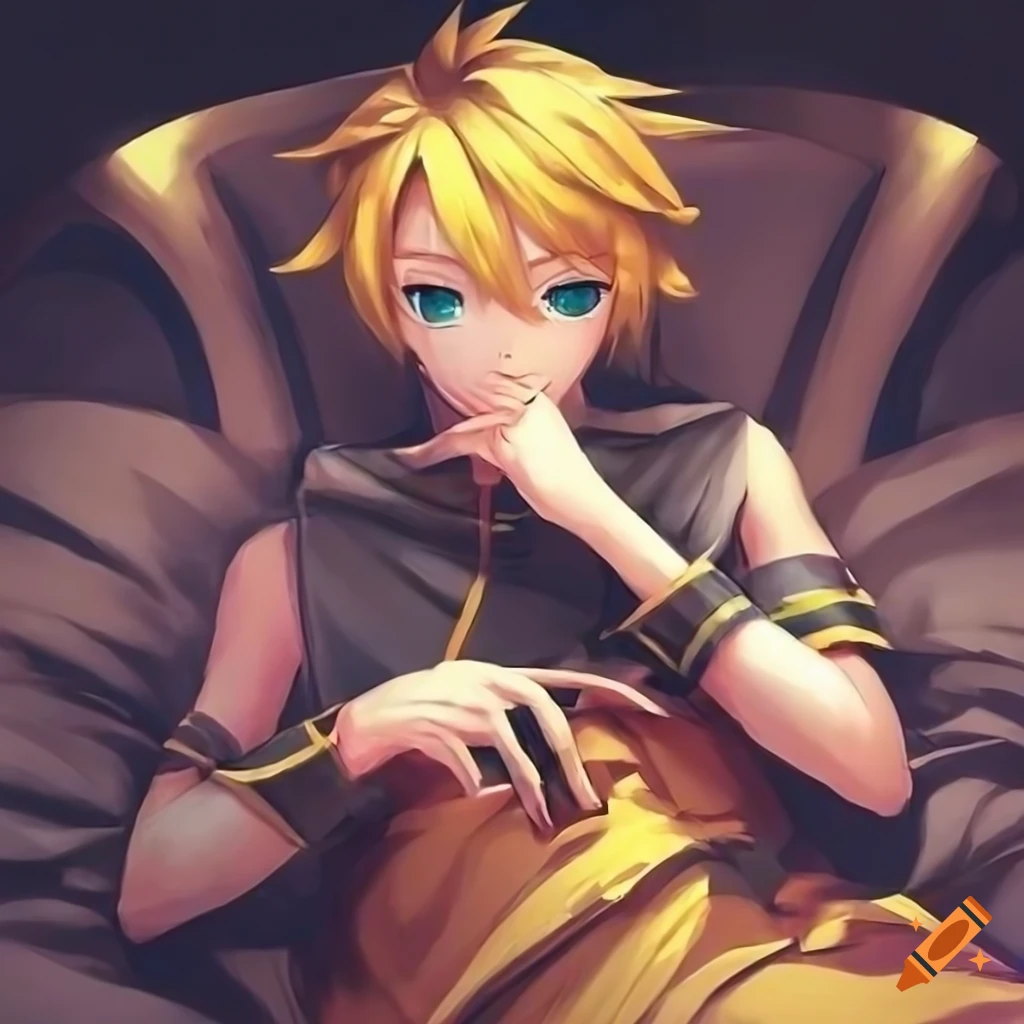 Kagamine len reclining in bed, detailed character art by stanley ...