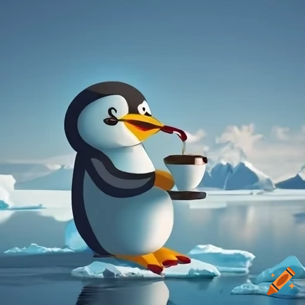 Custom logo of a playful penguin drinking coffee with Antarctica in the ...