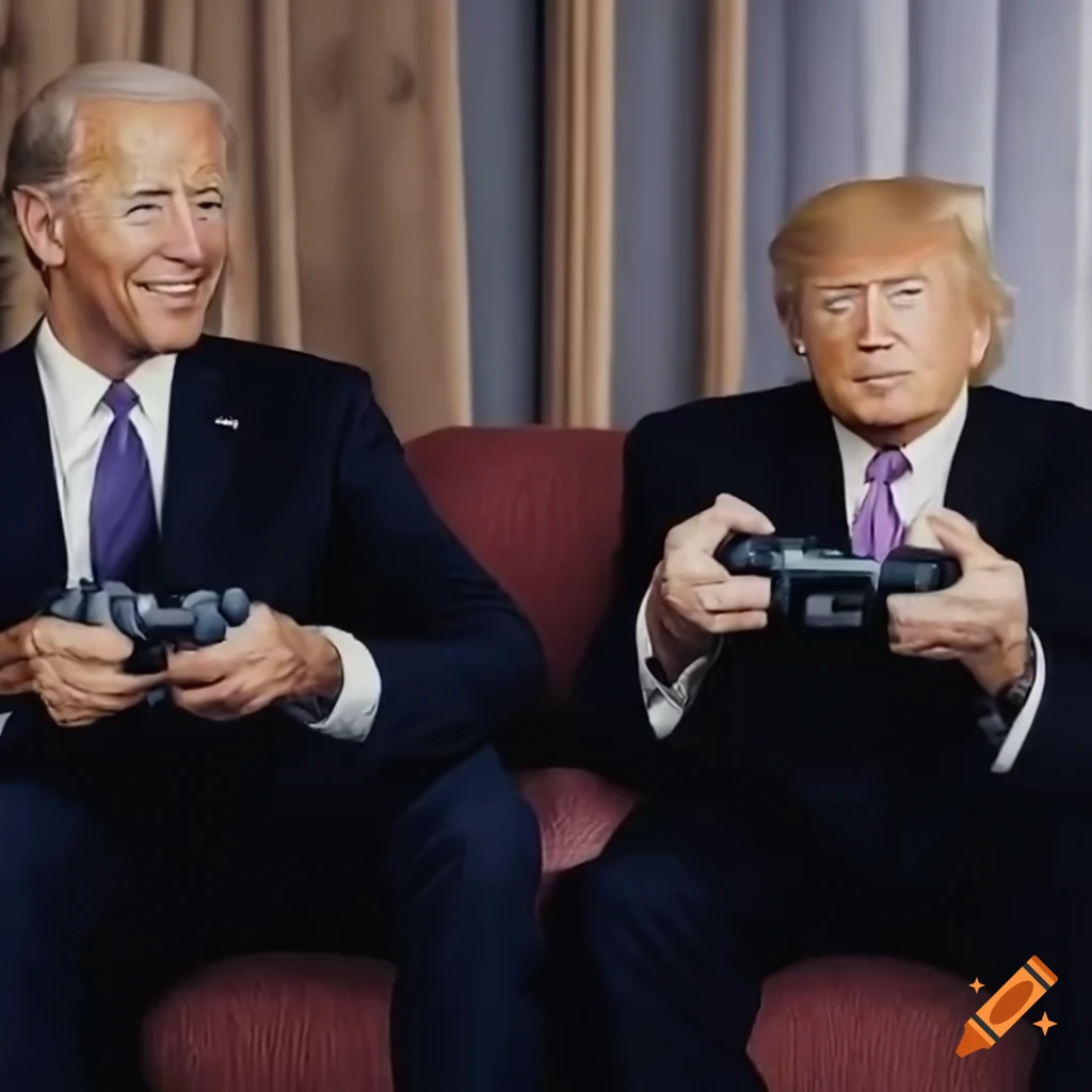 Joe Biden and Donald Trump playing video games on a couch in a polaroid ...