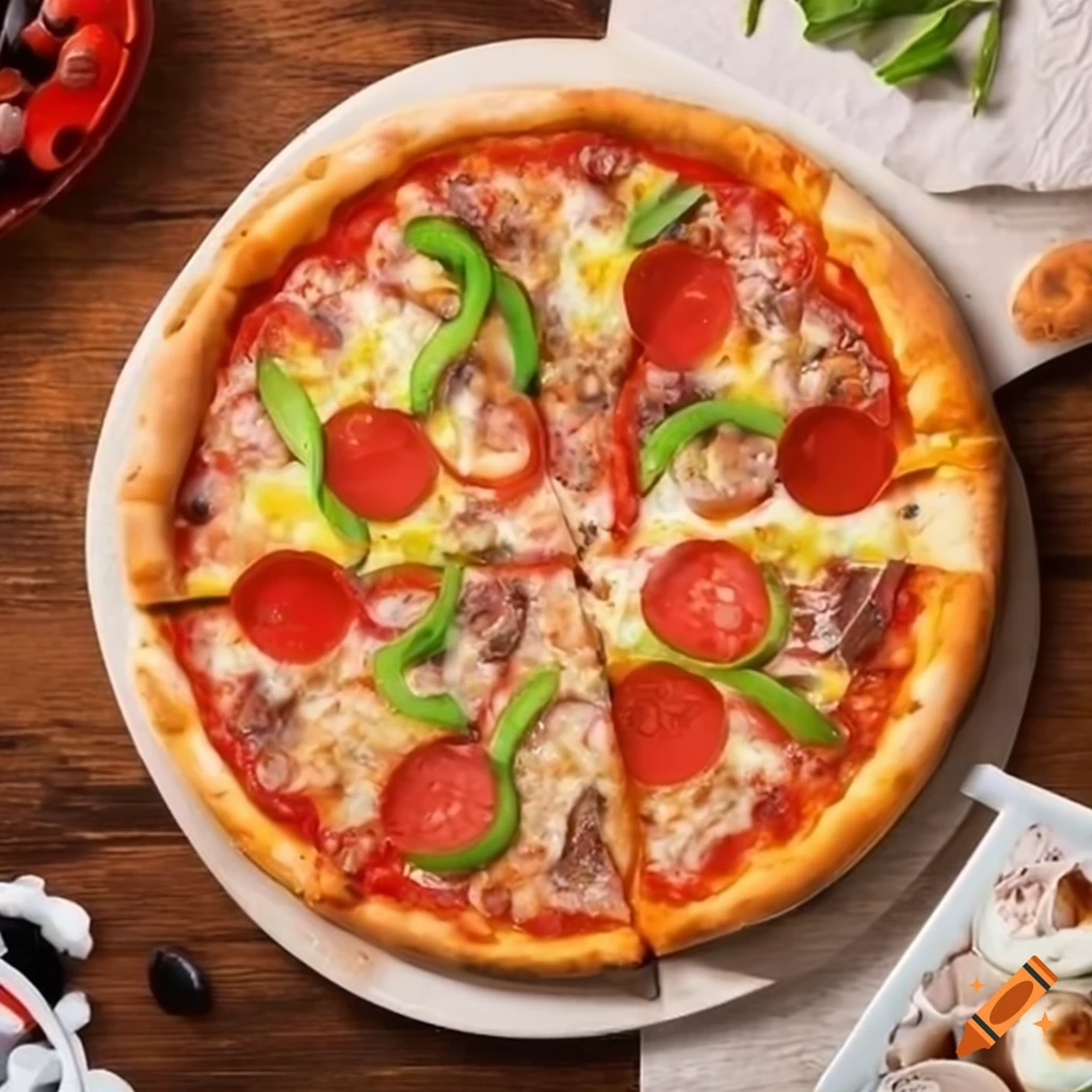 Top view of a delicious pizza on Craiyon