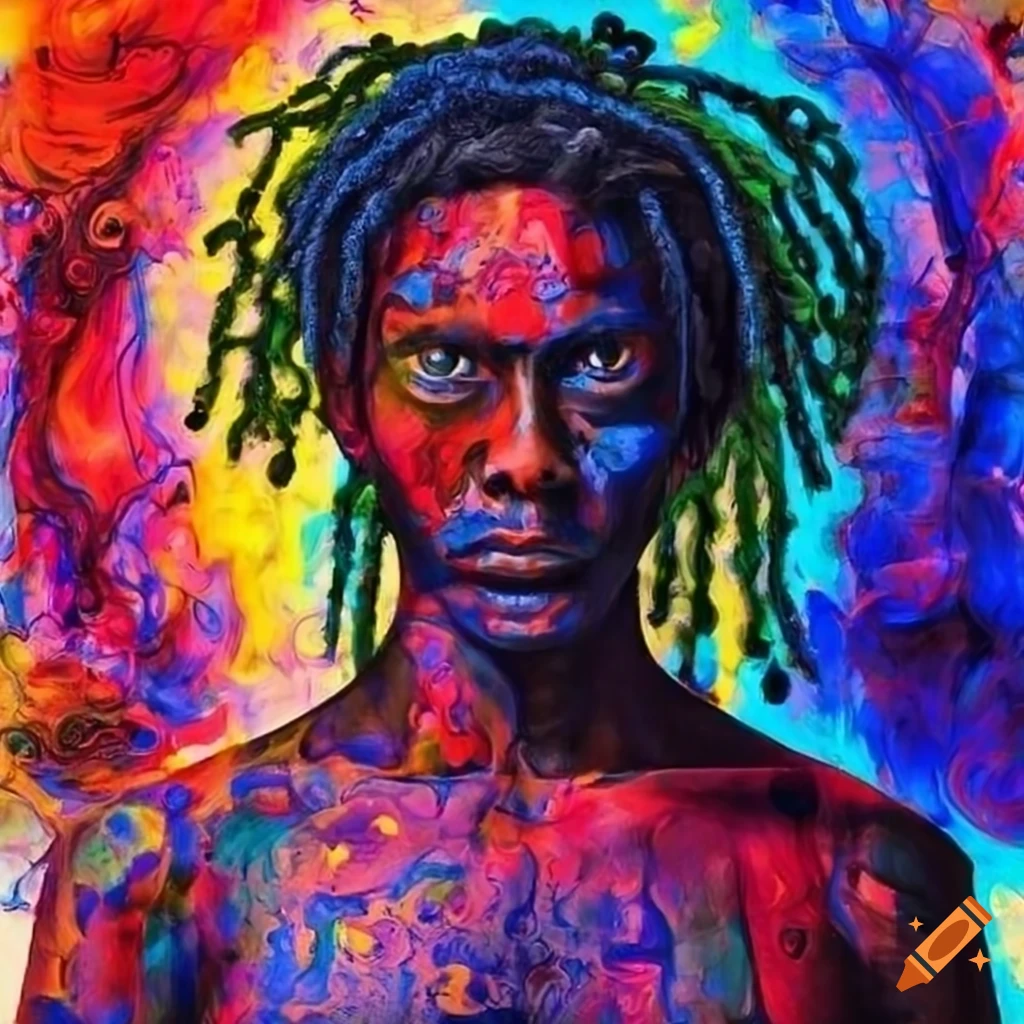 Intricately painted abstract portrait portraying introspection and deep ...