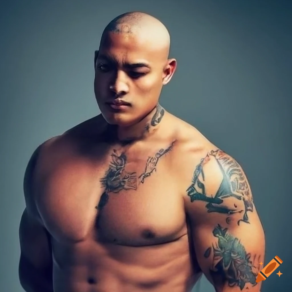 Handsome muscular samoan man with tattoos and shaved head on Craiyon