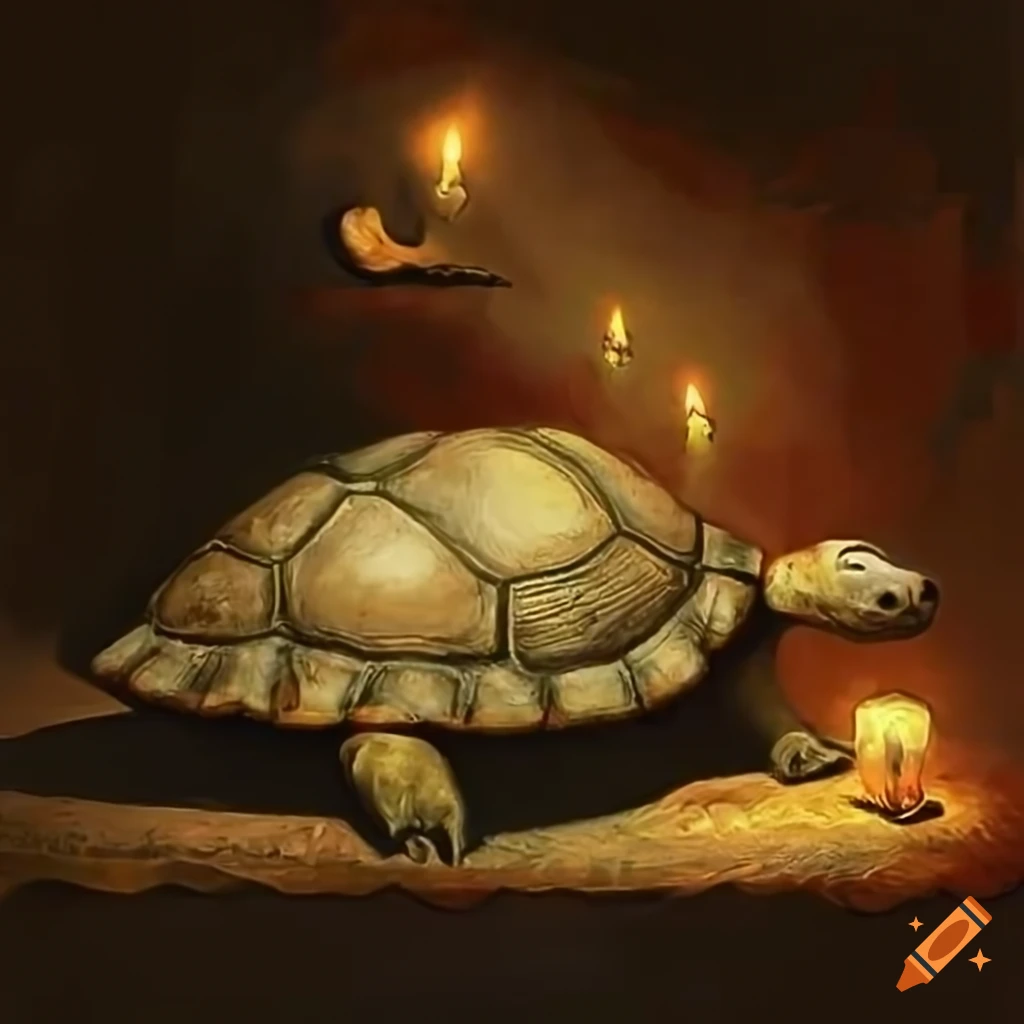 One-legged tortoise flying by candlelight in a baroque painting on Craiyon