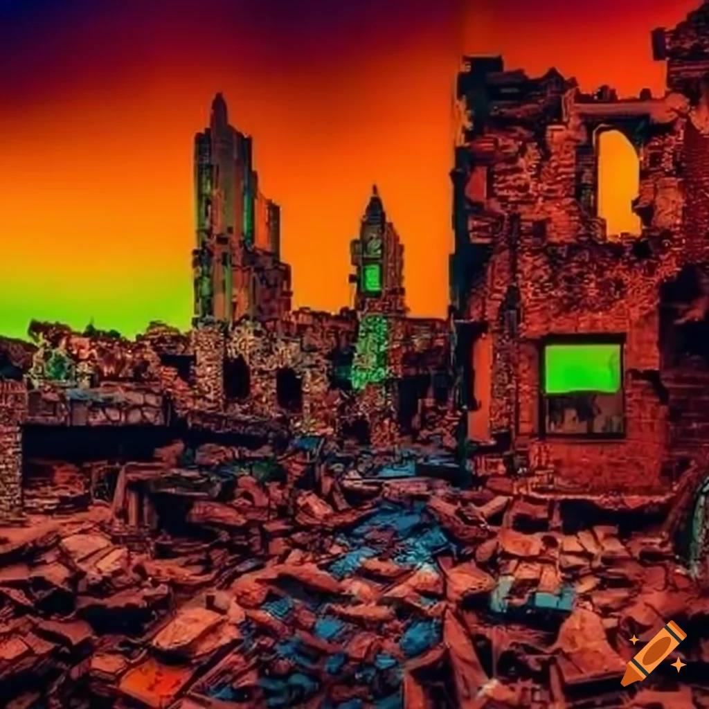 Colorful post-apocalyptic cityscape with futuristic ruins on Craiyon