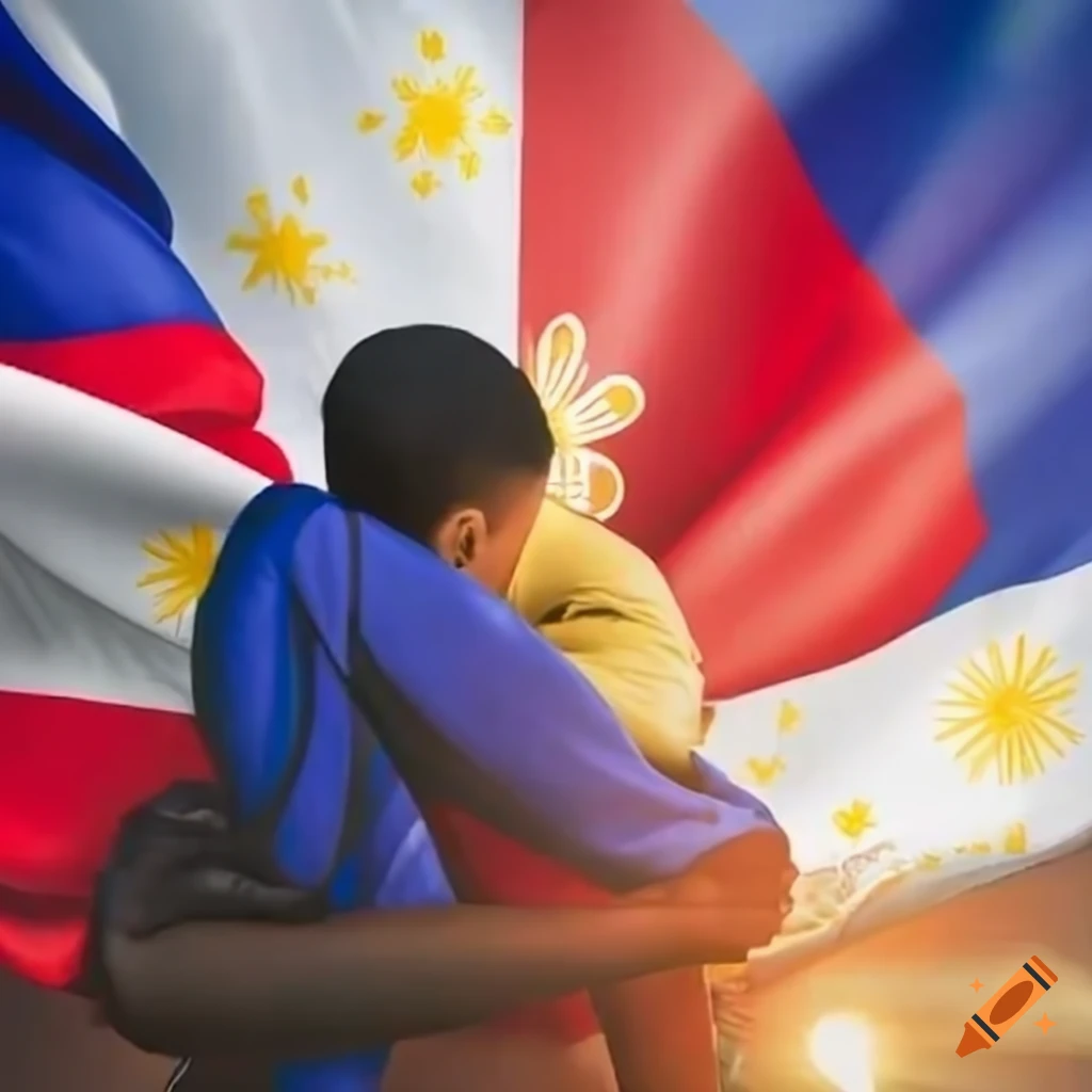 Filipino student wrapped in and hugging the philippine flag on Craiyon