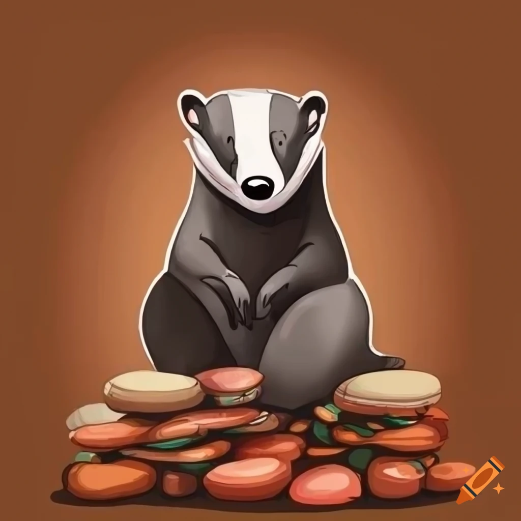 Cartoon badger on a pile of food on Craiyon