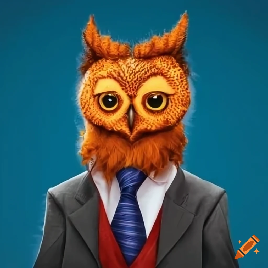 Orange owl person in a suit and tie doing the gritty dance on Craiyon