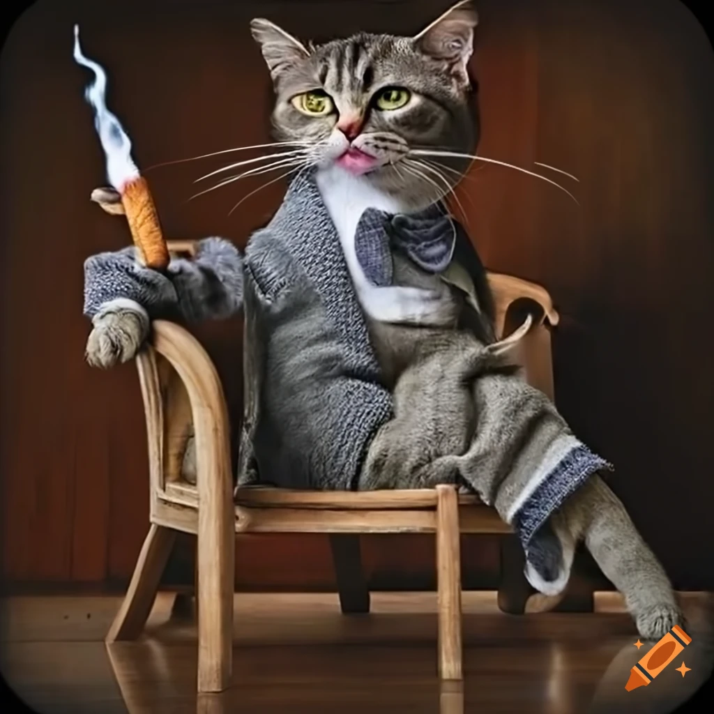 Cat in clothes sitting on a chair and smoking a cigar on Craiyon