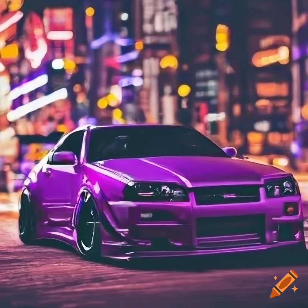 Purple modded Nissan r34 with blurred city background for 4k phone ...