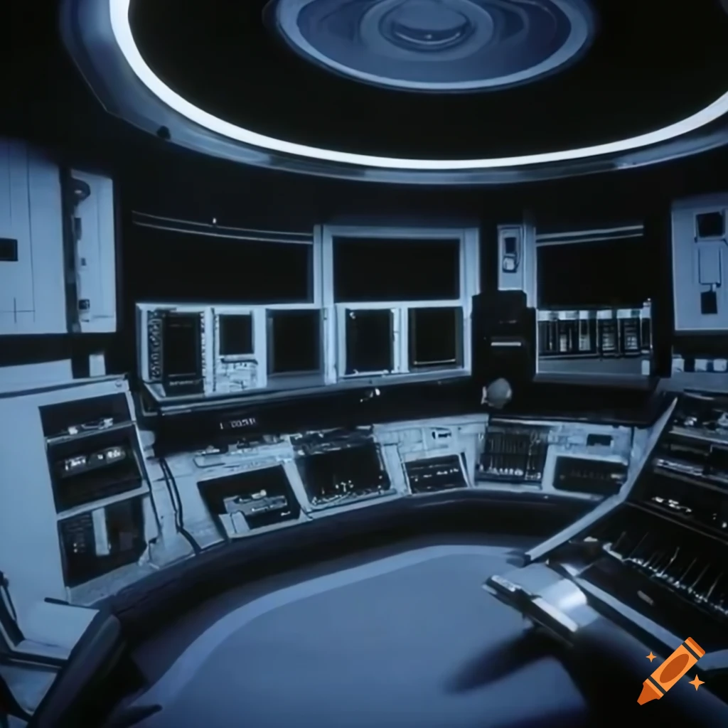1980's sci-fi spaceship interior with detailed computers, machines, and ...