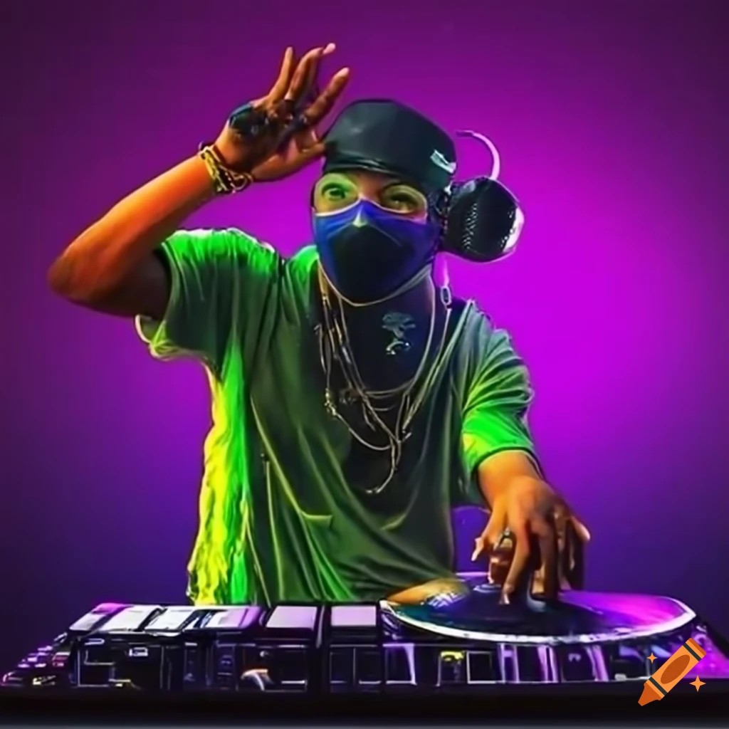 Energetic DJ in mask spinning tracks for a lively crowd on Craiyon